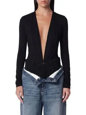 Andamane Deep V-neck Stretch-viscose Bodysuit With Long Sleeves - Black
