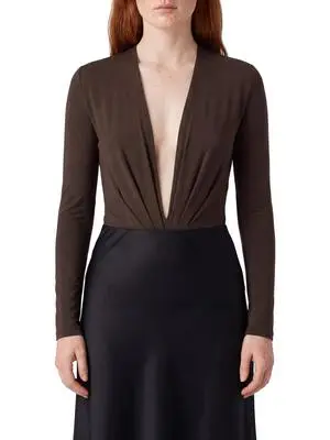 Andamane Deep V-neck Stretch-viscose Bodysuit With Long Sleeves - Brown