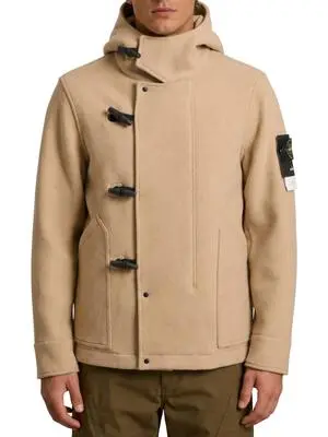 Stone Island Wool Duffle Coat With Hood And Compass Logo - Biscuit