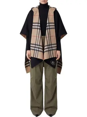 Burberry Hooded 100% Cashmere Cape With Check Pattern - Black