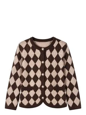 YUMI Argyll Knit Cardigan Brown