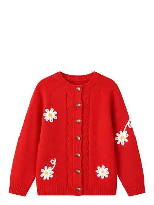 YUMI Daisy Stitch Cardigan - Red