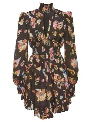Versace Versailles Print Smocked Mini Dress - Black