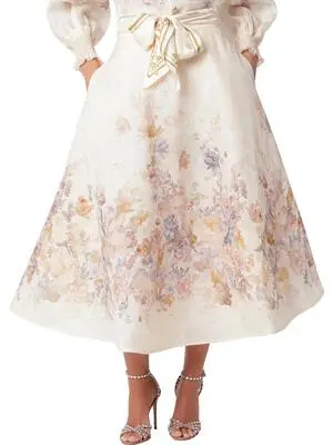 Zimmermann Ascent Cream Linen And Silk Flared Midi Skirt Multicolor