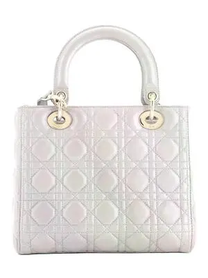 Dior Lady Dior Bag Cannage Quilt Metallic Leather Medium Satchel Grey