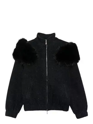 SHUSHU/TONG Faux-fur Trim Flecked Coat - Black
