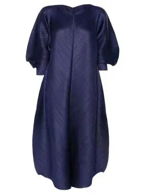 Issey Miyake Pleated Puff-sleeve Midi Dress - Blue