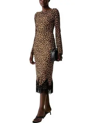 NEVER FULLY DRESSED Leopard-print Lace-trim Midi Dress - Neutrals