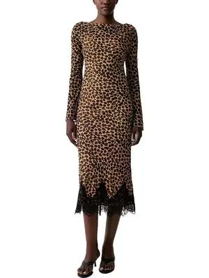 NEVER FULLY DRESSED Leopard-print Lace-trim Midi Dress - Neutrals