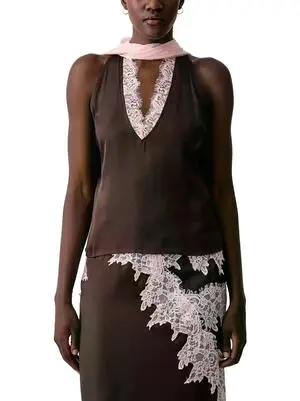 NEVER FULLY DRESSED Lace-trim Scarf-detail Top - Brown