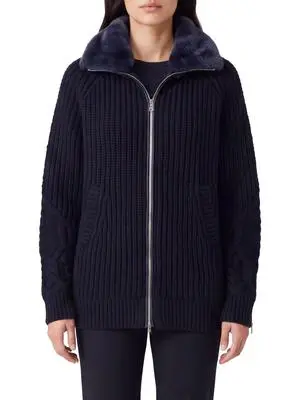 Herno Merino Wool Cardigan With Faux Fur Collar - Navy