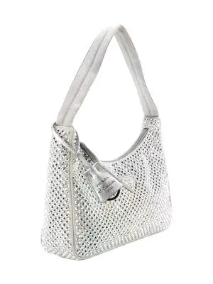 Prada Re-edition 2000 Crystal Embellished Satin Mini Hobo Bag Grey