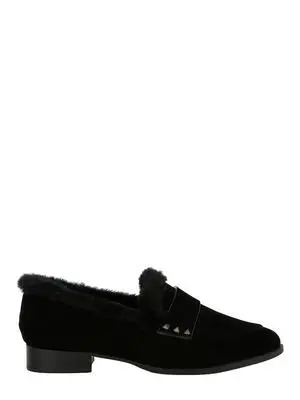 RAG & CO Allie Fur Trim Genuine Suede Loafers In By - Black