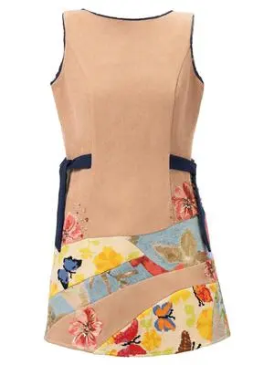 RONDOOZ Hand Painted Corduroy Mini Dress With Antique French Gobelin Tapestry & Hand Applied Embellisht - Brown