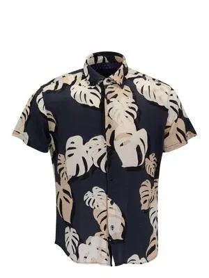 LORDS OF HARLECH Tobias Monstera Floral Smoke Merino Wool Button-up Shirt - Black