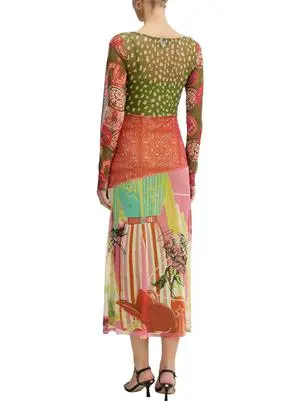 NEVER FULLY DRESSED Mixed-print Side-slit Midi Dress - Orange