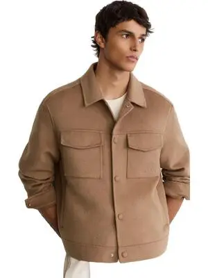 REISS Monogram Wool-blend Press-stud Overshirt - Camel