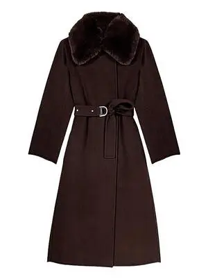 Maje Faux Fur-collar Belted Wool-blend Coat - Brown