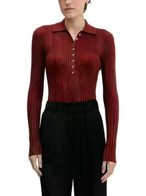 Sisley Buttoned Ribbed Polo Top - Red