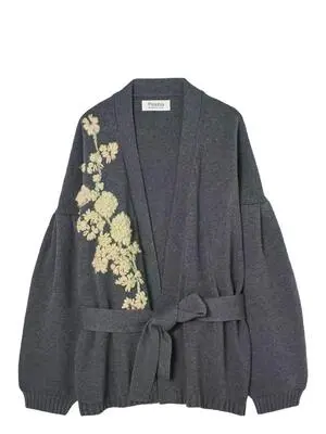 PSOPHIA Floral-embroidered Belted Cardigan - Grey