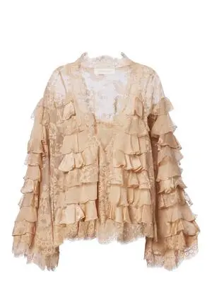 Zimmermann Valiant Lace-trimmed Ruffled Silk Blouse - Beige