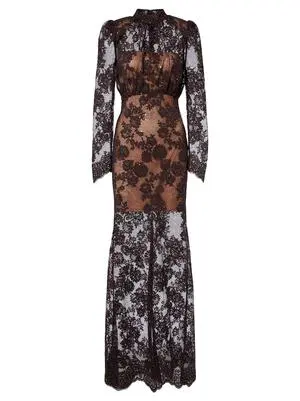 SELF-PORTRAIT Sheer Sequined Lace Gown - Brown