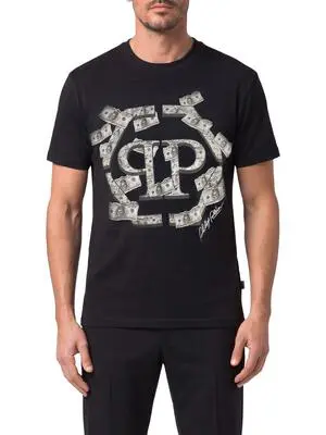 Philipp Plein Cotton T-shirt With Graphic Print And Contrast Logo - Black