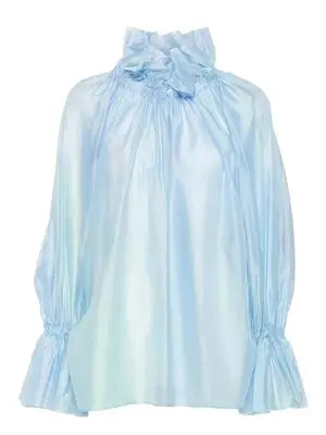 THELATEST Ruffled-neck Blouson-sleeve Shirt - Blue
