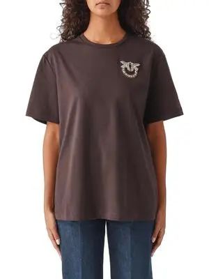 Pinko Cotton Crewneck T-shirt With Rhinestone Love Birds Logo Dark