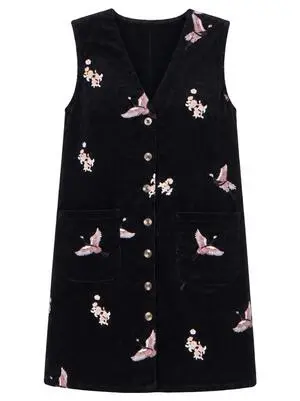 YUMI Crane Embroidery Button Up Pinafore Dress - Black