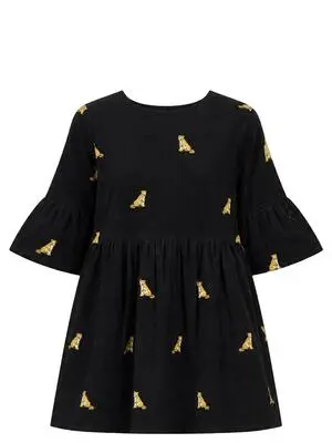YUMI Leopard Embroidered Cord Tunic - Black