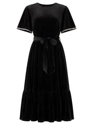 YUMI Velvet Midi Dress With Embellished Sleeve - Black