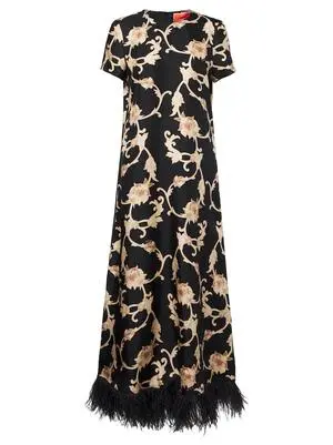 La DoubleJ Buttercup Feather-trimmed Silk Maxi Dress - Multicoloured