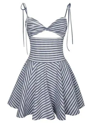 MISS CIRCLE NEW YORK Vinaya Navy & White Striped Linen Flared Mini Dress - Blue
