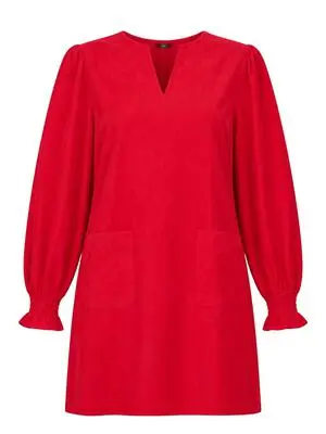 YUMI Cord Tunic With Ruched Sleeve - Red