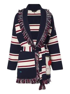 Alanui Rugby Club Fringed Virgin Wool Wrap Cardigan - Blue