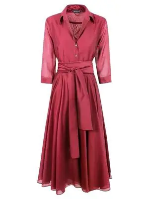 DRHOPE Belted Flared-skirt Midi Dress - Red