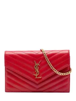 Saint Laurent 2018 Grain De Poudre Chevron Monogram Envelope Wallet On Chain Crossbody Bag Red