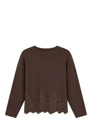 YUMI Viscose Relaxed Jumper With Lace Trim - Brown
