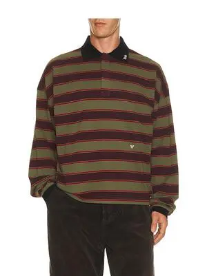 Rhude Fontaine Striped Long Sleeve Polo Shirt In . Also - Olive