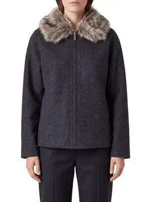 SEMICOUTURE Arabel Short Wool Coat With Fur Collar And Zip Grey