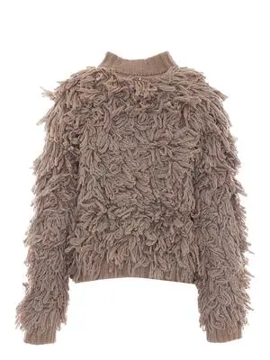 Liu Jo Wool Blend Crewneck Cardigan With Embroidery And Fringe Applications - Beige