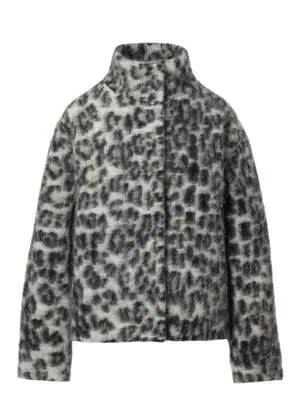 JANA COSHÈ Wool Short Coat In Snow Leopard Pattern – High Collar And Viscose Lining - White