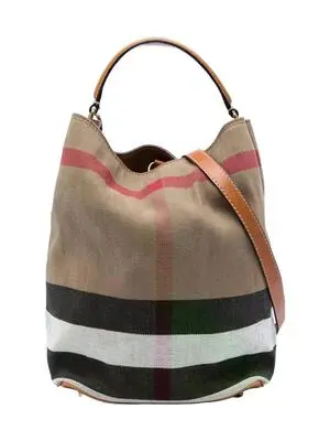Burberry 2000-2010 Medium Mega Check Canvas Ashby Bucket Bag Satchel - Brown