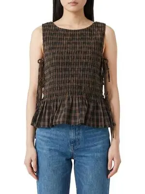 GANNI Sleeveless Tartan Print Organic Cotton Top With Tie Fastenings - Brown