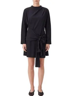 GANNI Long-sleeved Recycled Jersey Mini Dress With Tie Waist - Black
