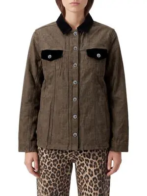 GANNI Neppy Check Cotton Shirt Jacket With Balloon Sleeves Coffee