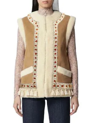 Valentino Garavani Embroidered Lambskin Fur Vest With Tassels - Camel