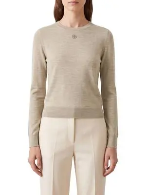 TORY BURCH Pure Wool Crewneck Sweater With Embroidered Logo And Ribbed Trims
