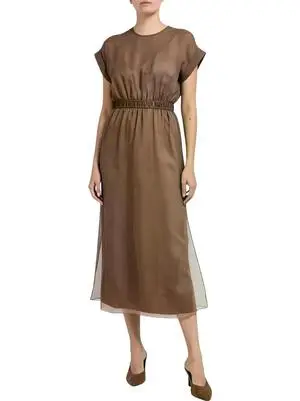 Brunello Cucinelli Elasticated-waistband Midi Dress - Brown